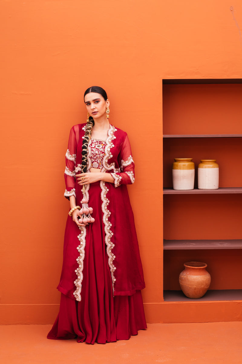 Red Moti Thread Jacket Set – The Kesar Studio
